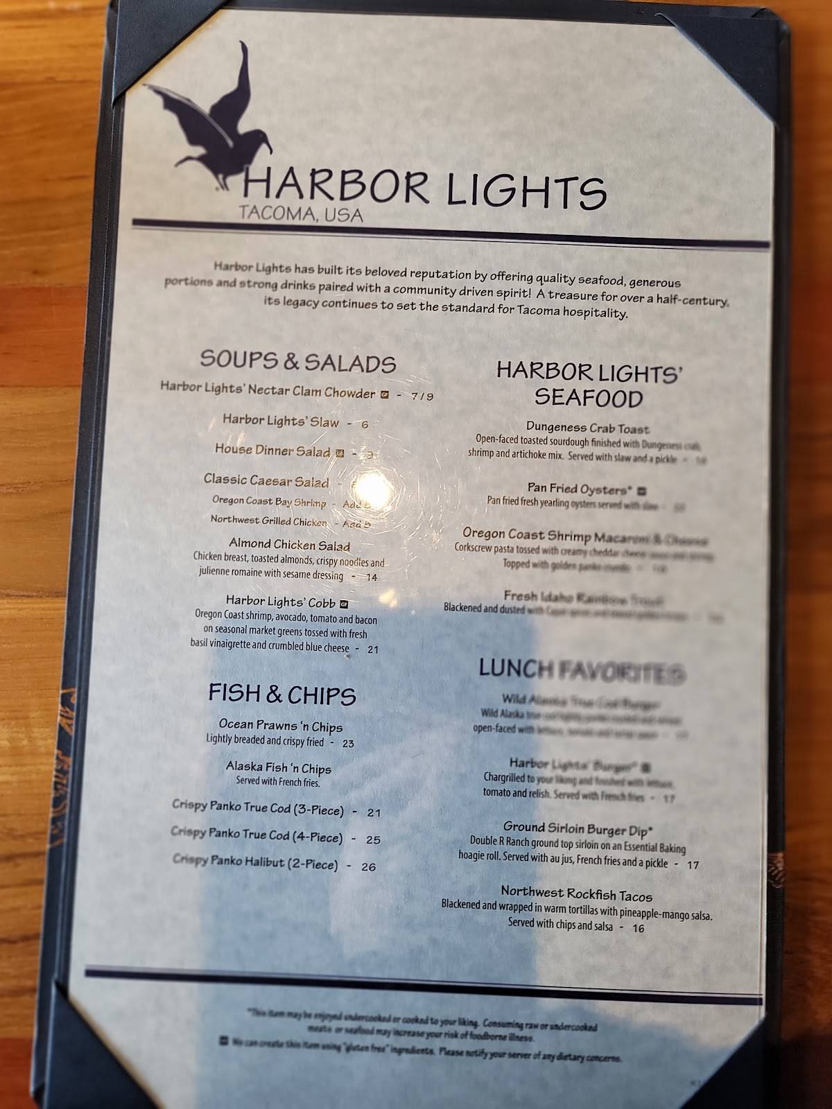 Menu at Harbor Lights restaurant, Tacoma