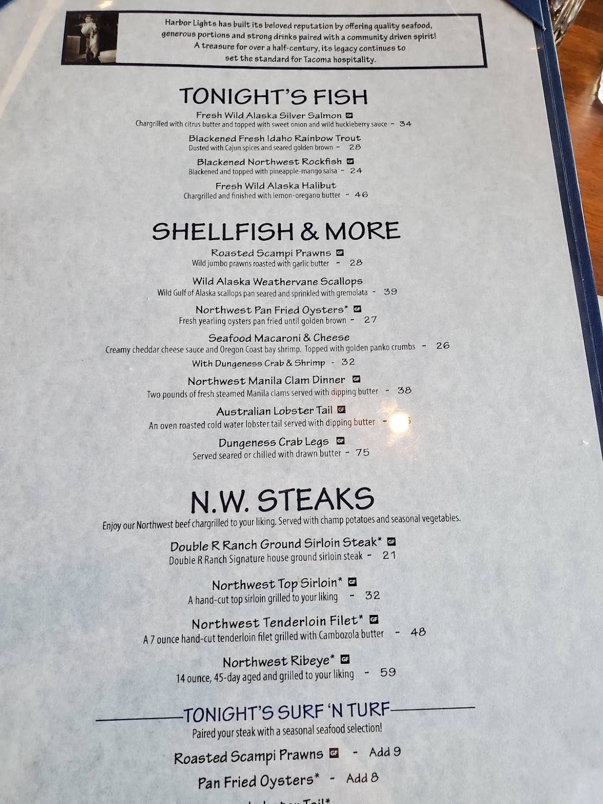 Menu at Harbor Lights restaurant, Tacoma
