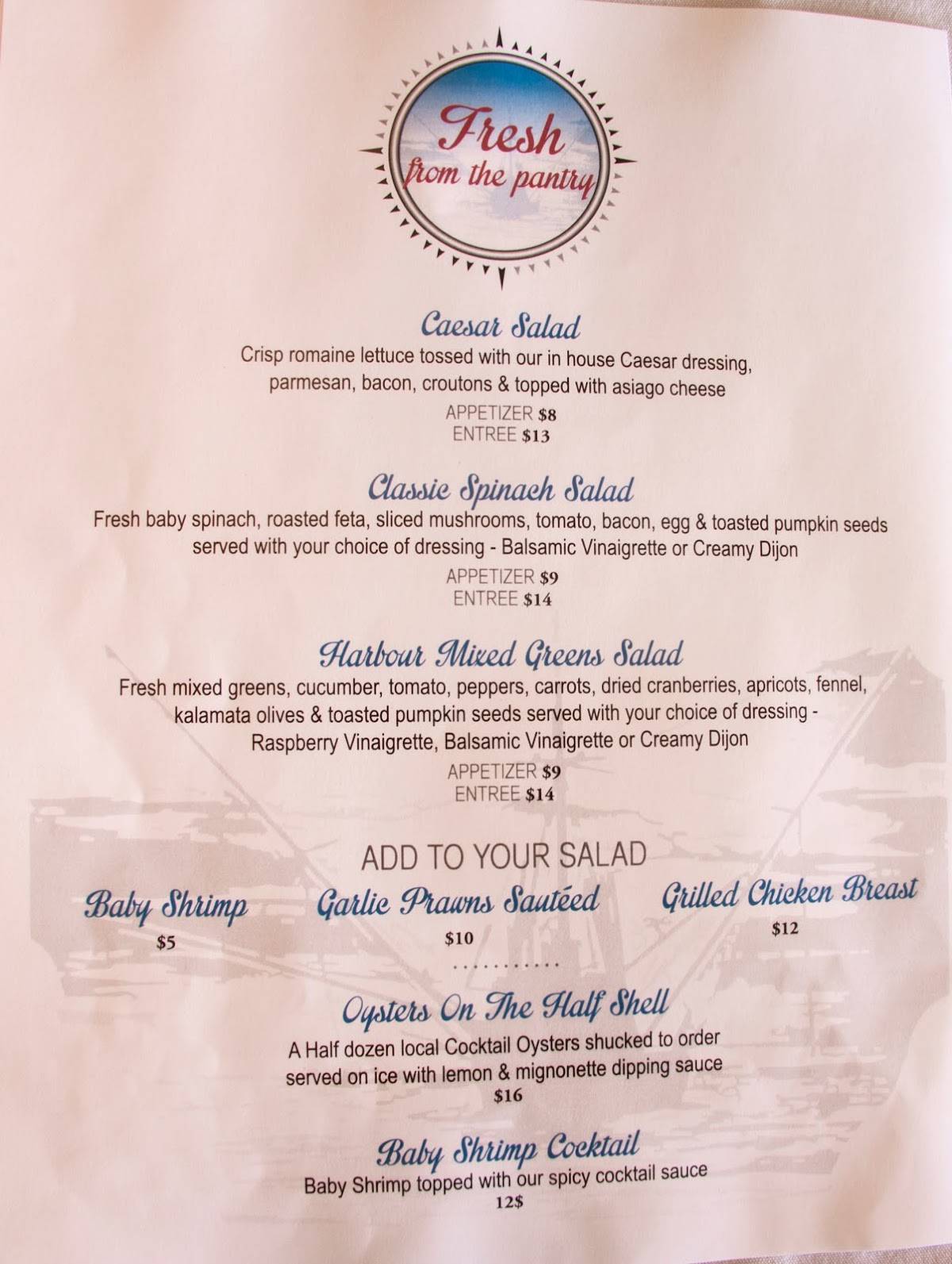 Menu at Harbour Grill steakhouse, Campbell River, Island Hwy #112