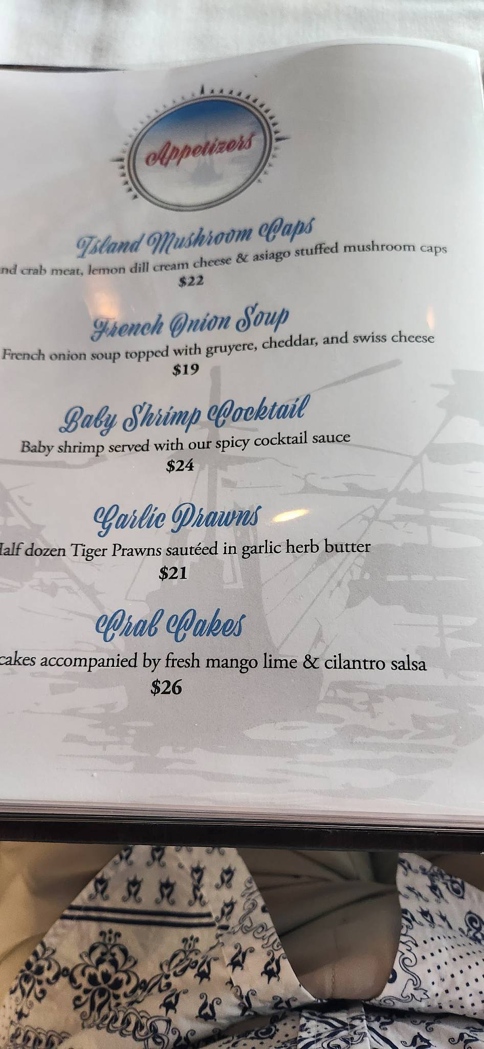 Menu at Harbour Grill steakhouse, Campbell River, Island Hwy #112