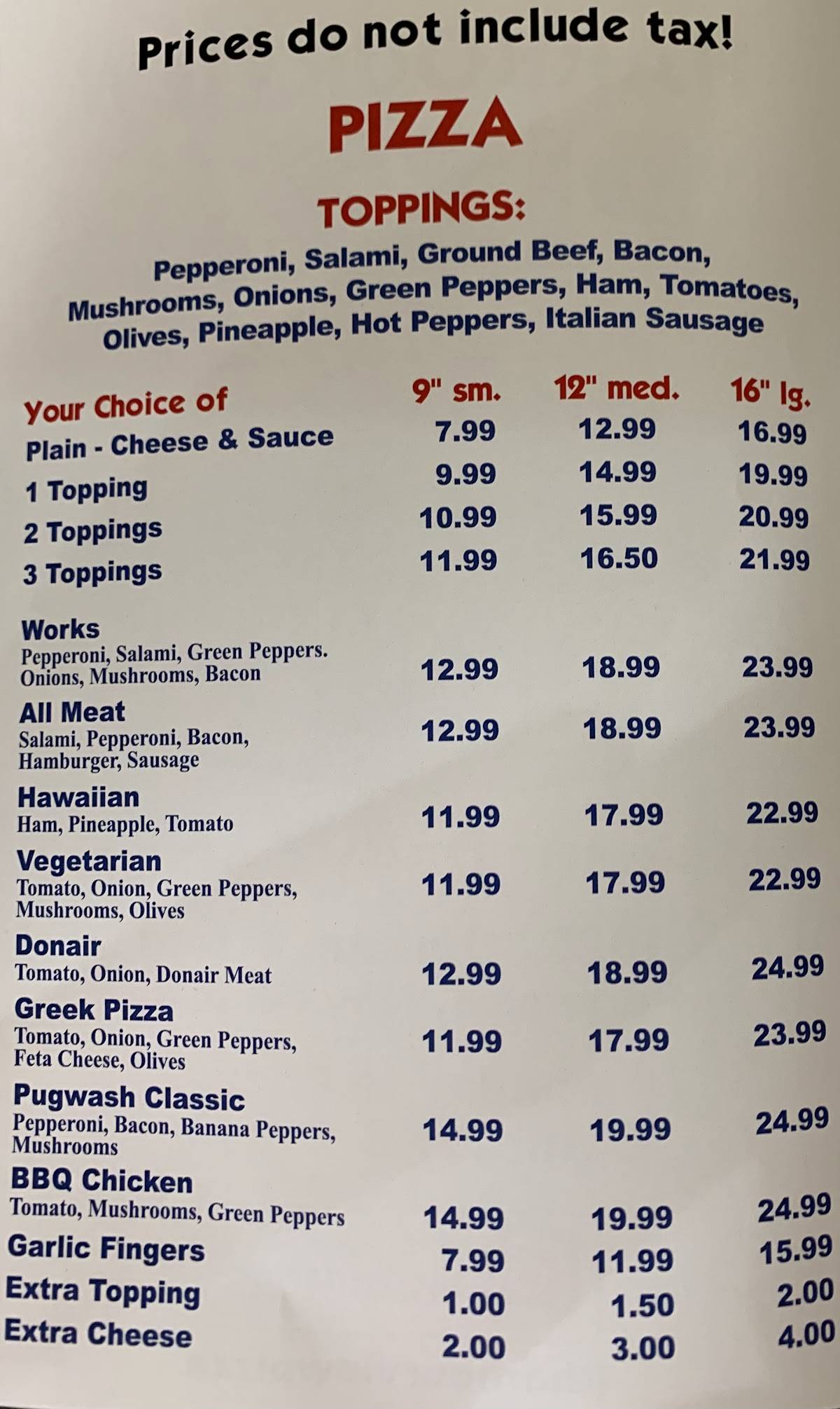 Menu at Harbour View Pizza restaurant, Pugwash