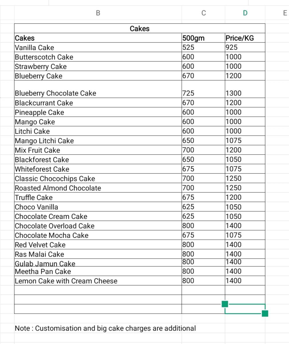 Menu at Hardyz Cakeland - A Home baker, Bengaluru