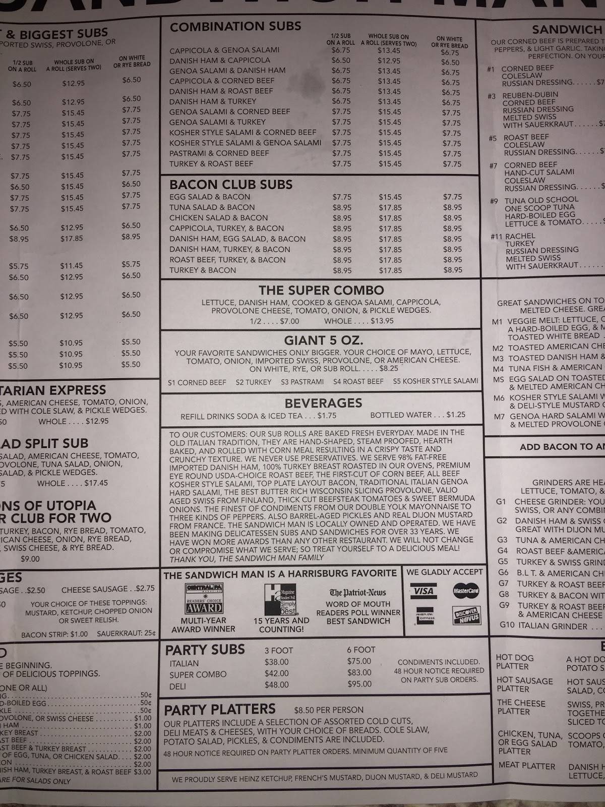 Menu at Sandwich Man restaurant, Paxtonia, Allentown Blvd
