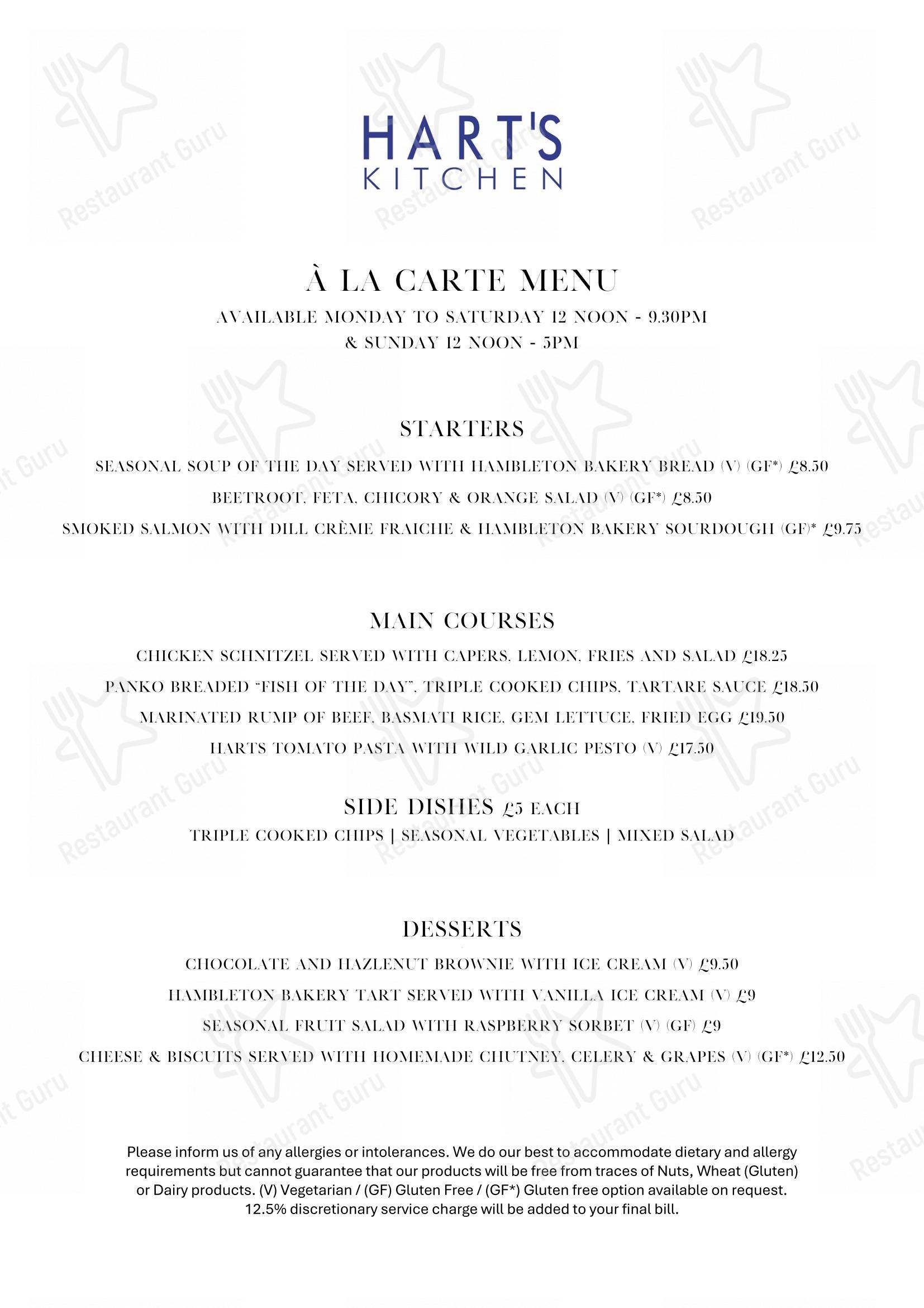 Menu at Hart's Hotel and Kitchen pub & bar, Nottingham