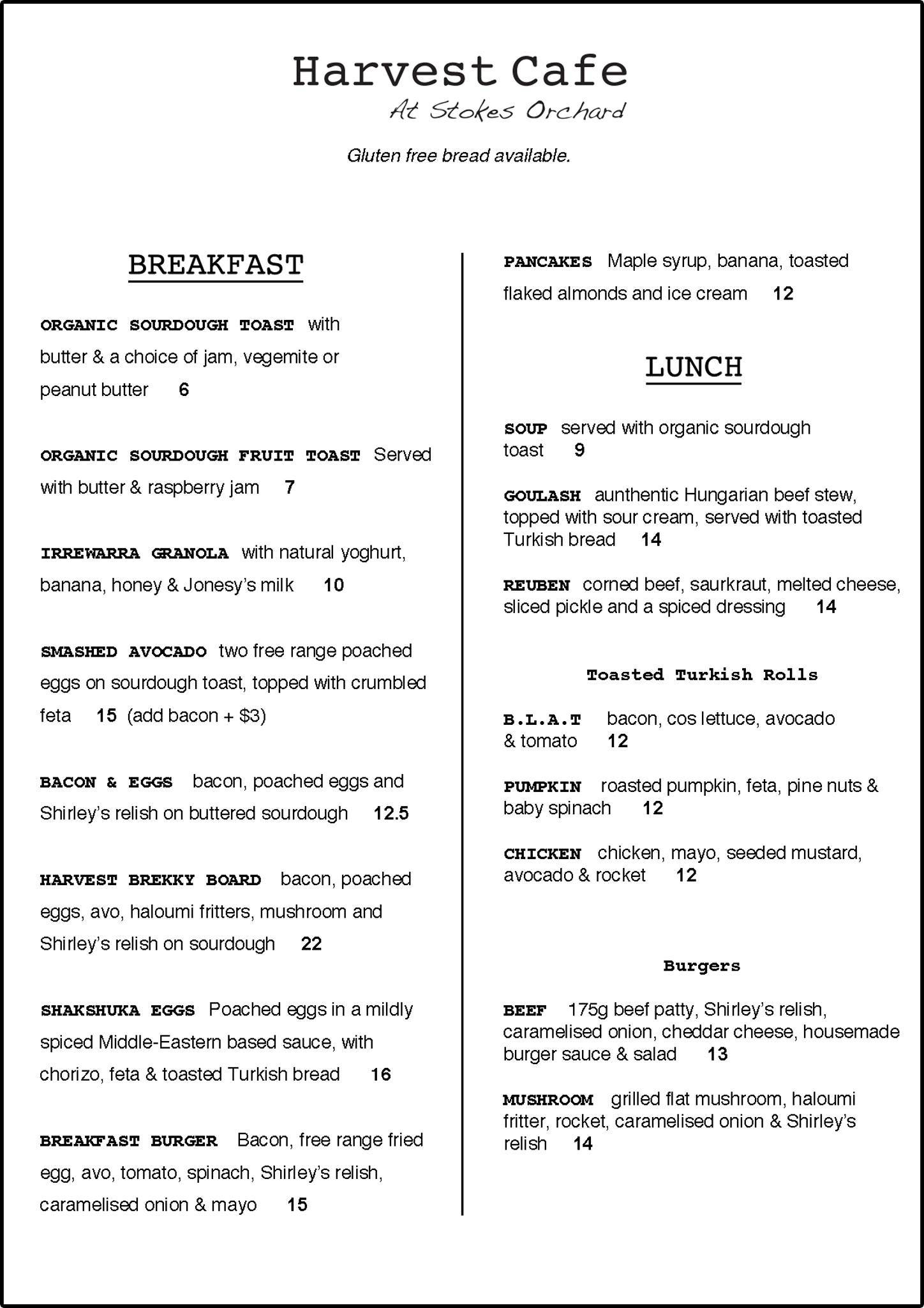 Menu at Harvest Cafe at Stokes Orchard, Upper Plenty