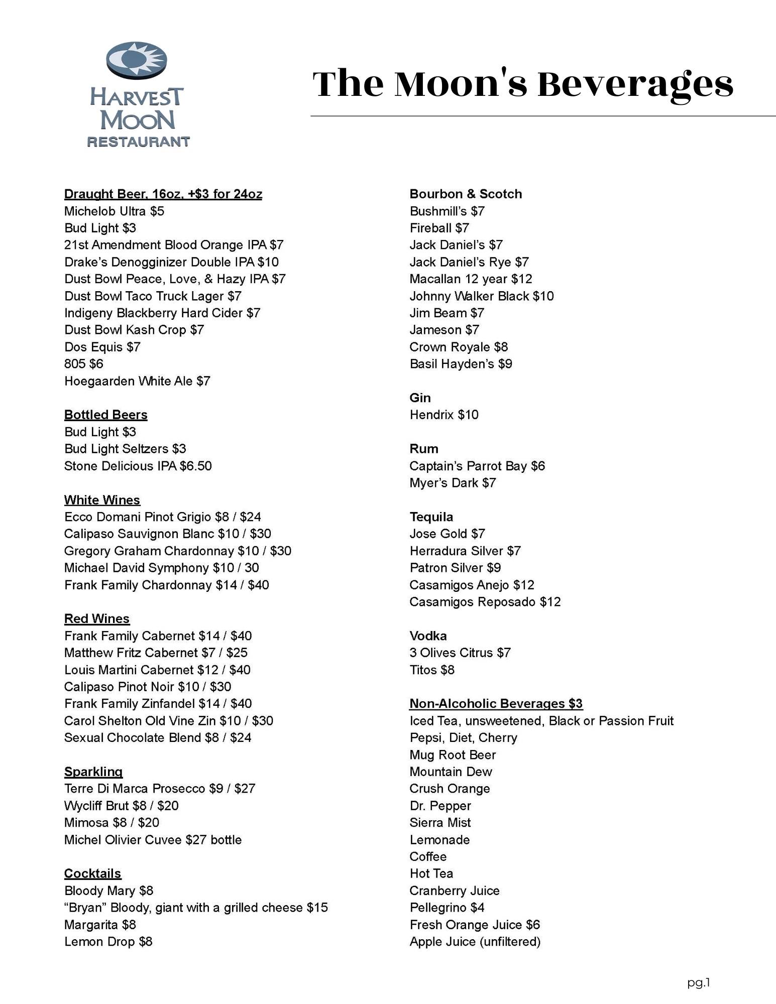 Menu at Harvest Moon restaurant, Modesto