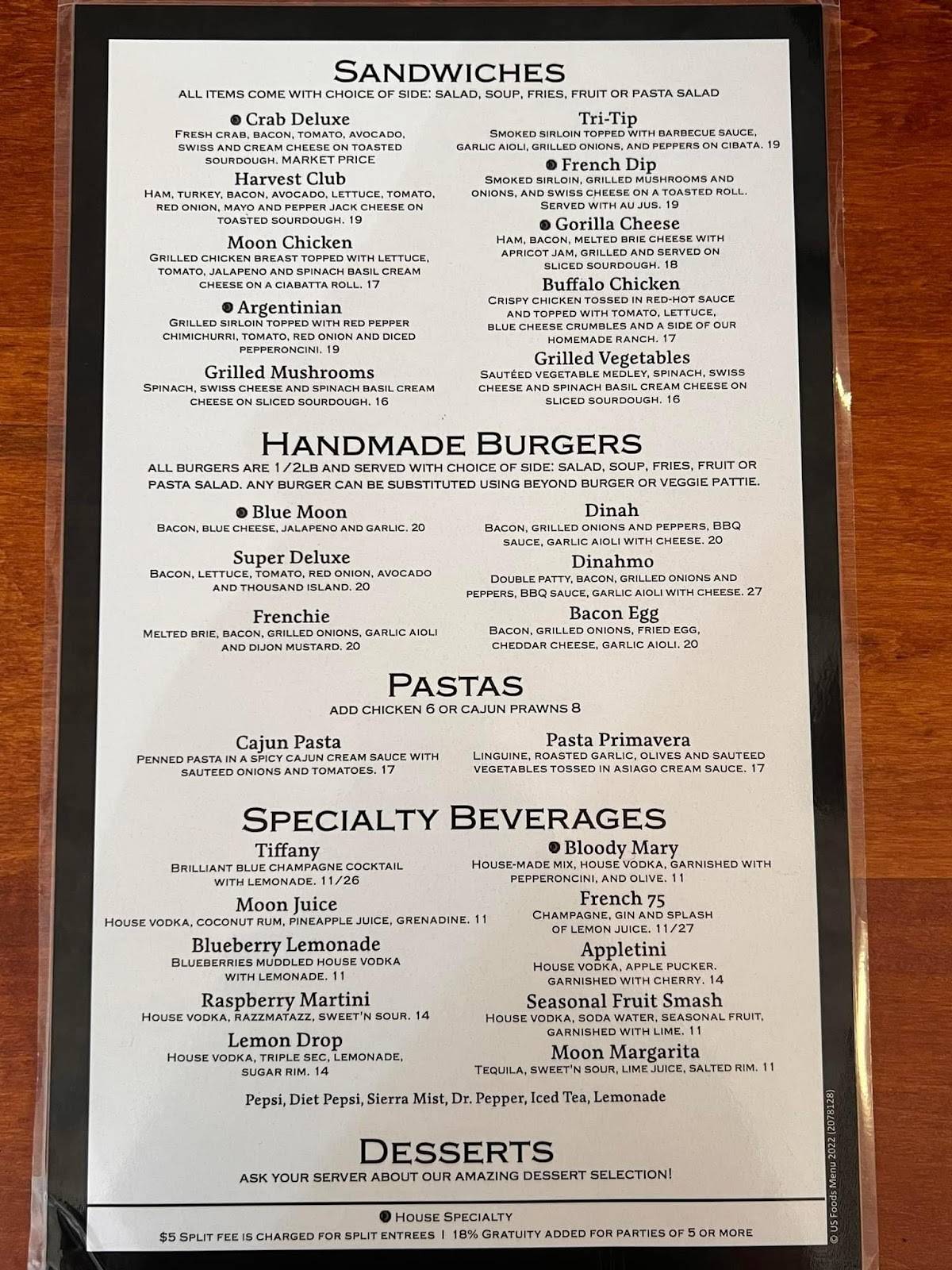 Menu at Harvest Moon restaurant, Modesto