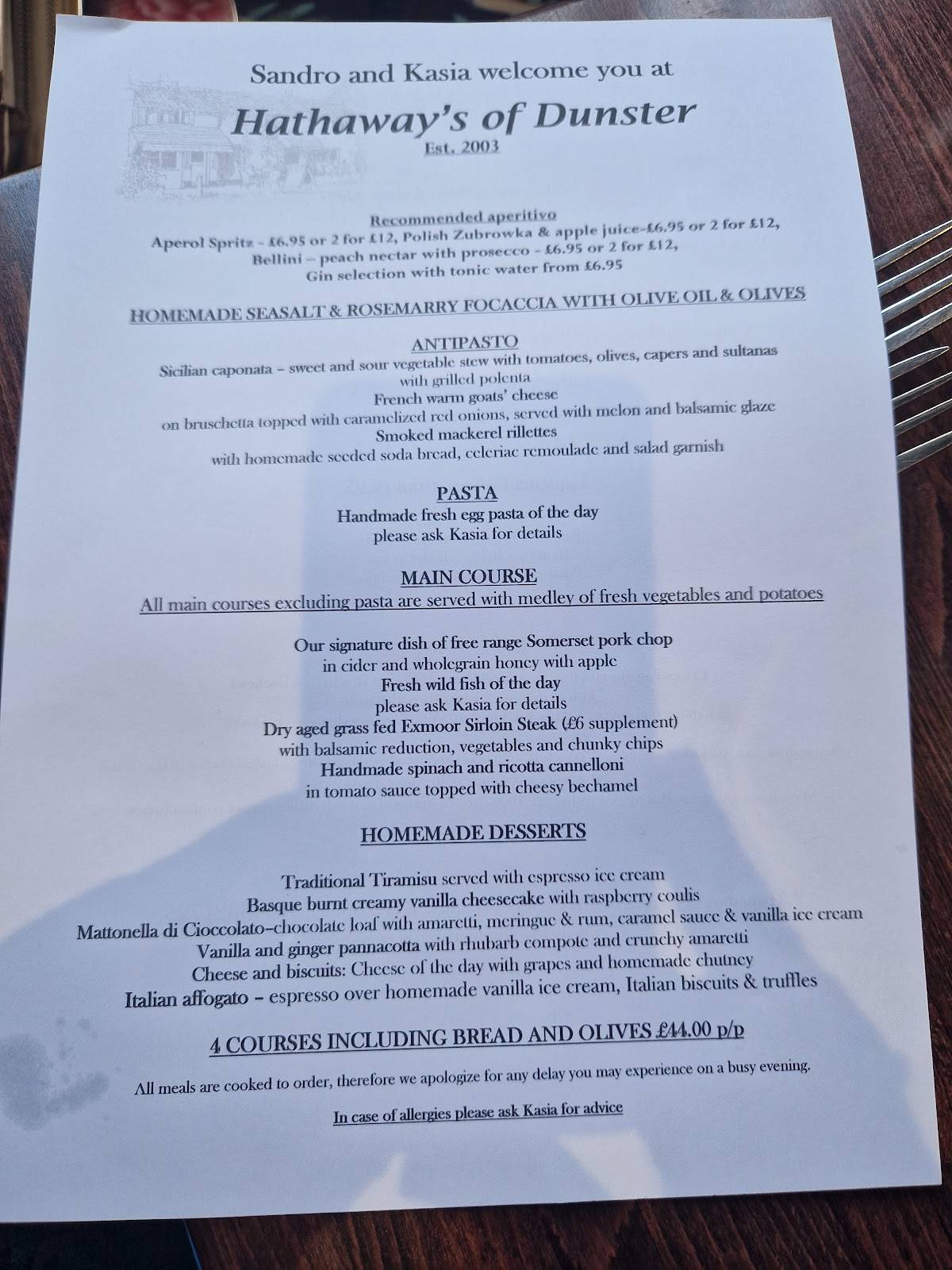 Menu at Hathaways pub & bar, Minehead
