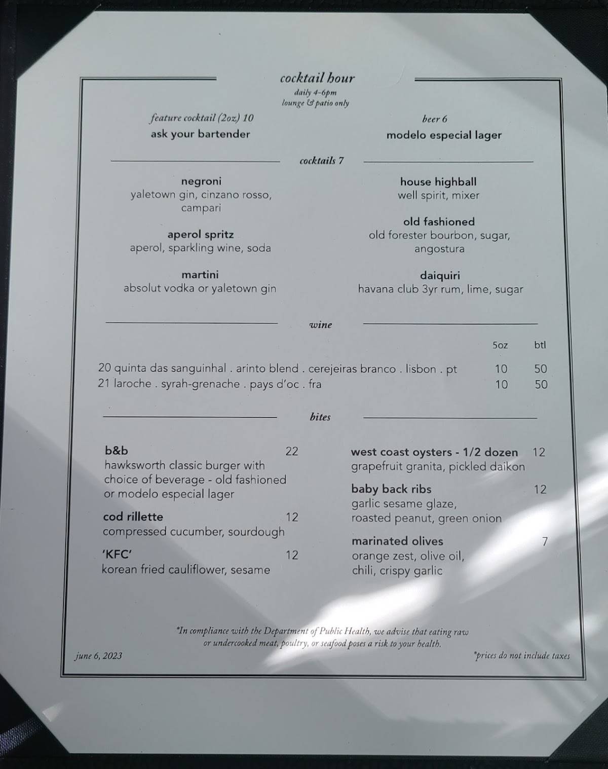 Menu at Hawksworth Restaurant, Vancouver, 801 W Georgia St