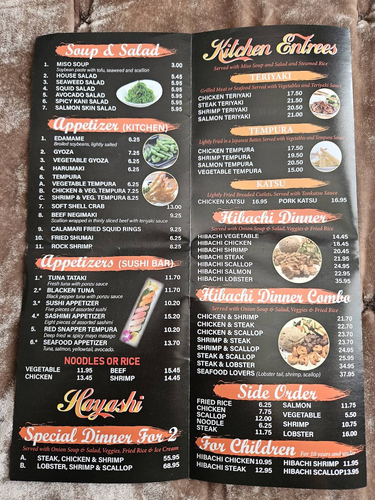 Menu at Hayashi Mayple restaurant, Chardon