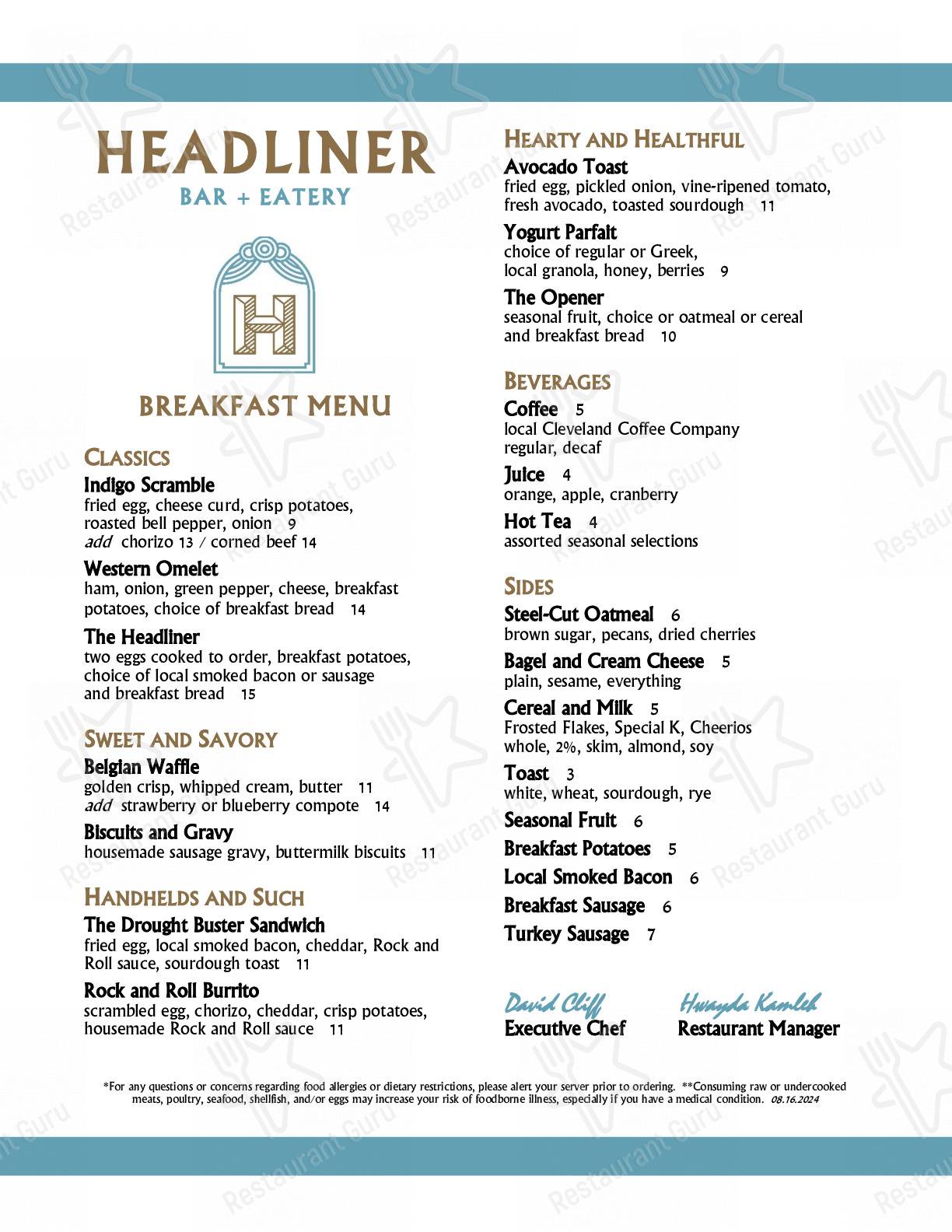 Menu at Headliner Bar + Eatery, Cleveland