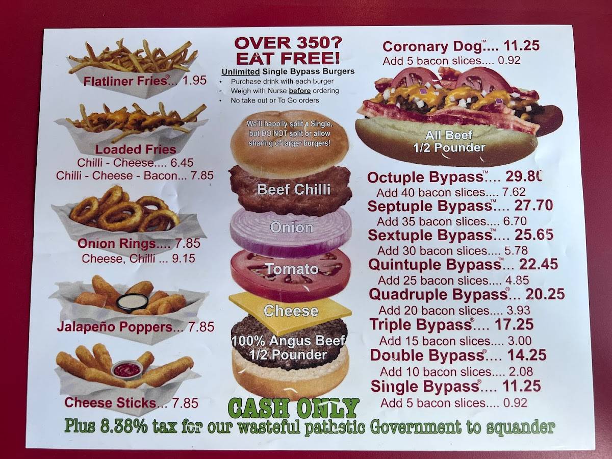 Menu at Heart Attack Grill restaurant, Las Vegas, 450 Fremont St #130