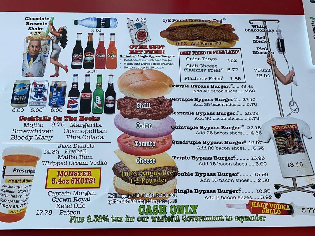 Menu at Heart Attack Grill restaurant, Las Vegas, 450 Fremont St #130
