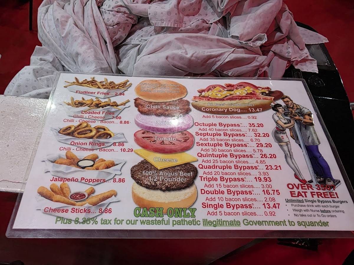 Menu at Heart Attack Grill restaurant, Las Vegas, 450 Fremont St #130