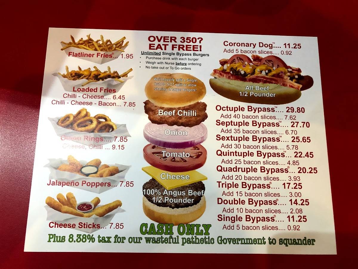 Menu at Heart Attack Grill restaurant, Las Vegas, 450 Fremont St #130