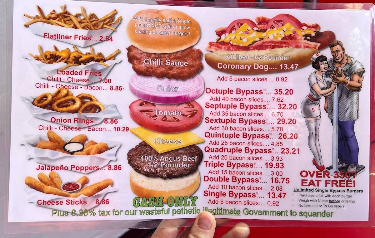 Menu at Heart Attack Grill restaurant, Las Vegas, 450 Fremont St #130
