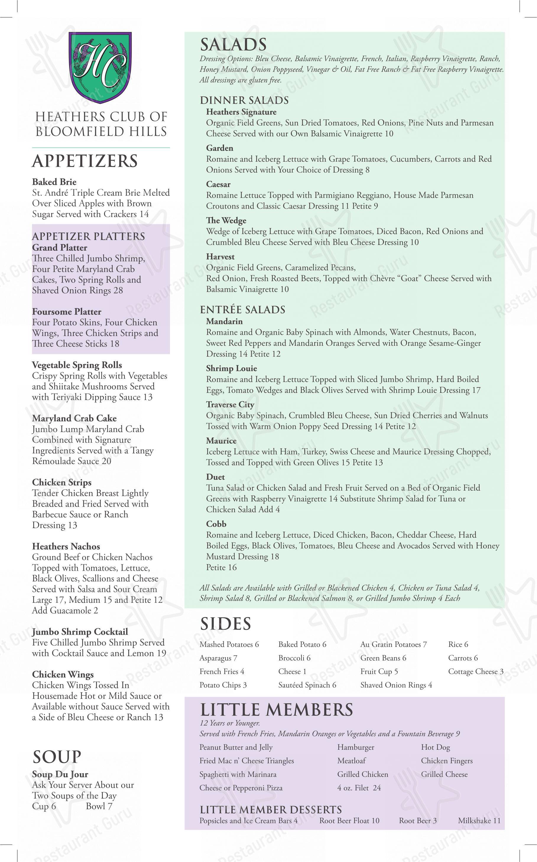Menu at Heathers Club of Bloomfield, Bloomfield Hills
