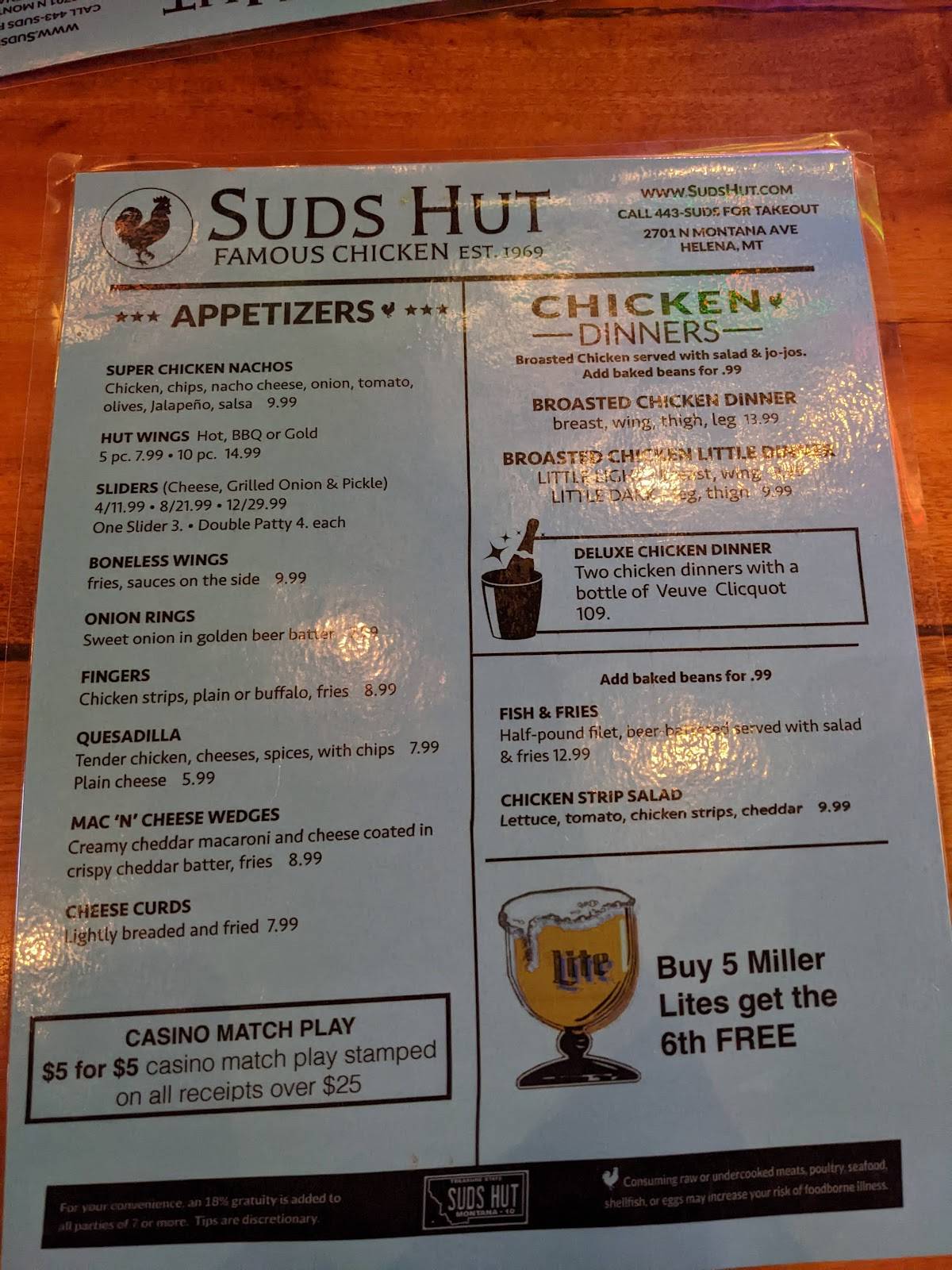 Menu at Suds Hut pub & bar, Helena
