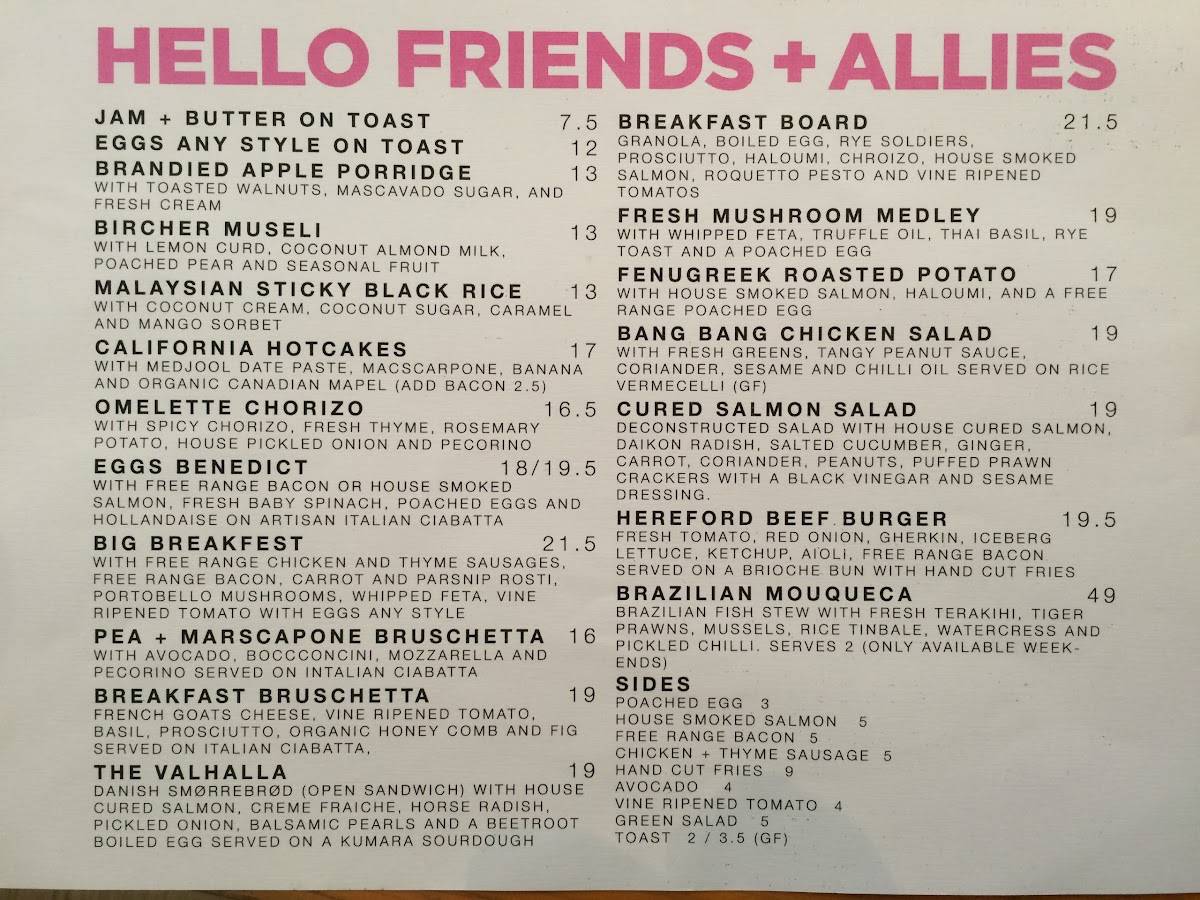 Menu at Hello Friends + Allies cafe, Auckland