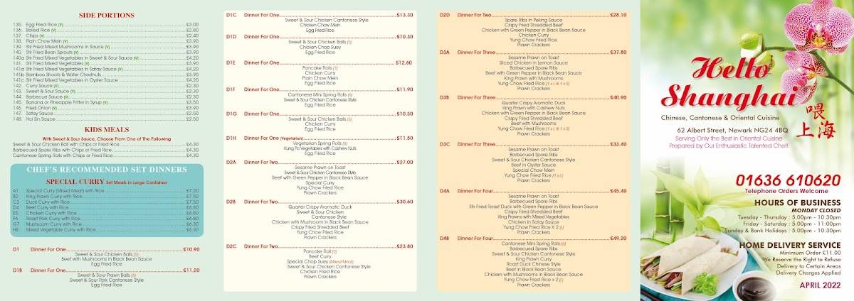 Menu at Hello Shanghai fast food, Newark-on-Trent