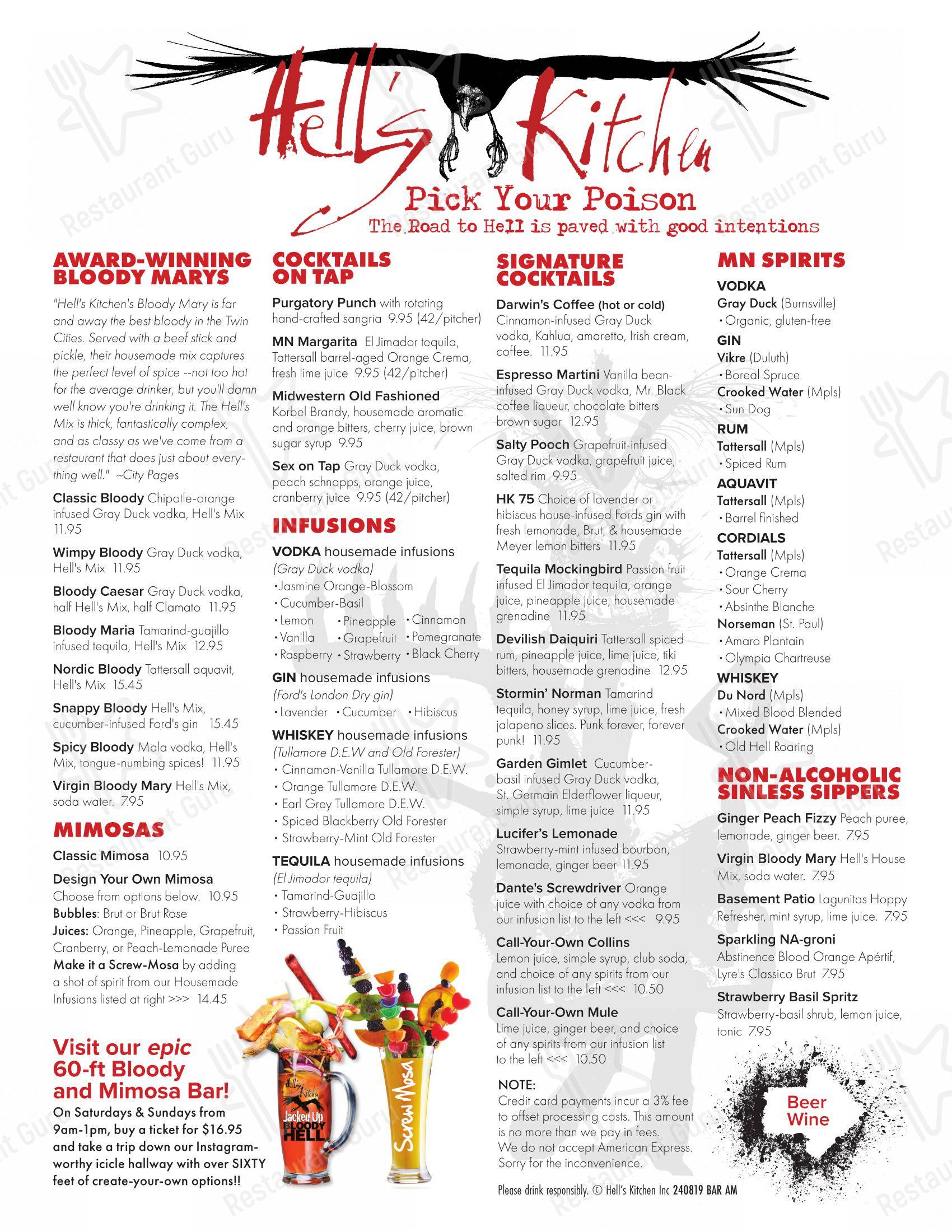 Menu at Hell's Kitchen Inc. restaurant, Minneapolis, 80 S 9th St