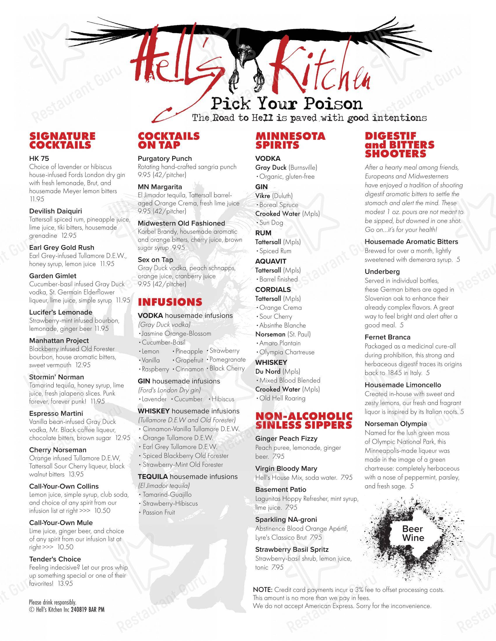 Menu at Hell's Kitchen Inc. restaurant, Minneapolis, 80 S 9th St