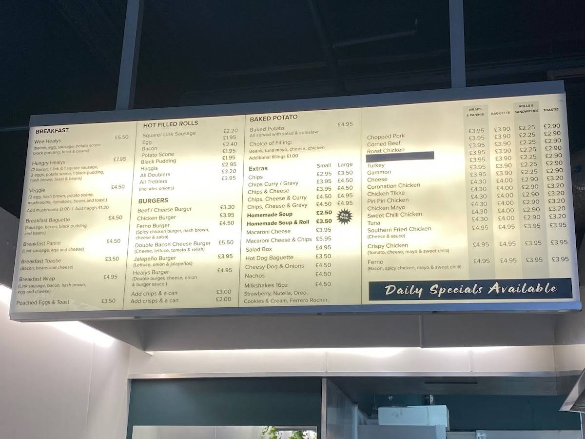 Menu at Henry Healy cafe, Glasgow, 87 Queen St