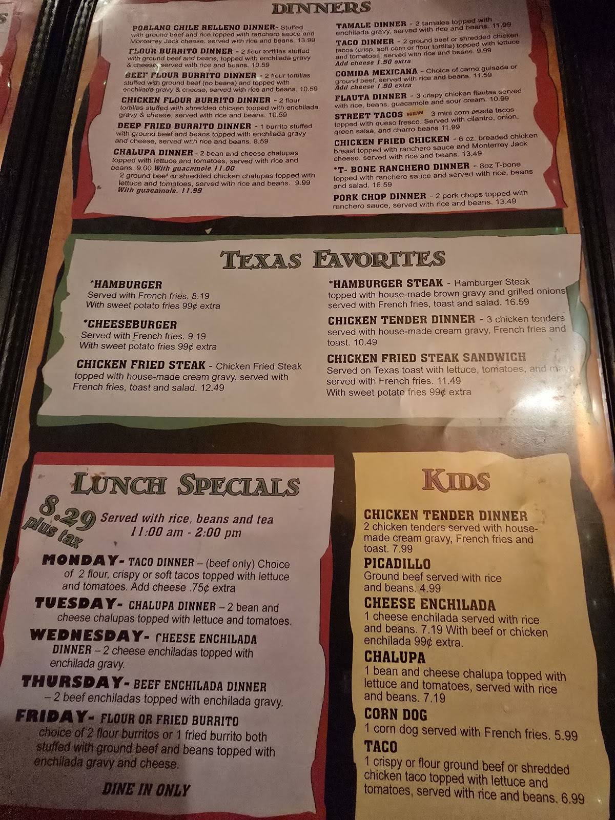 Menu at Herbert's Taco Hut restaurant, San Marcos