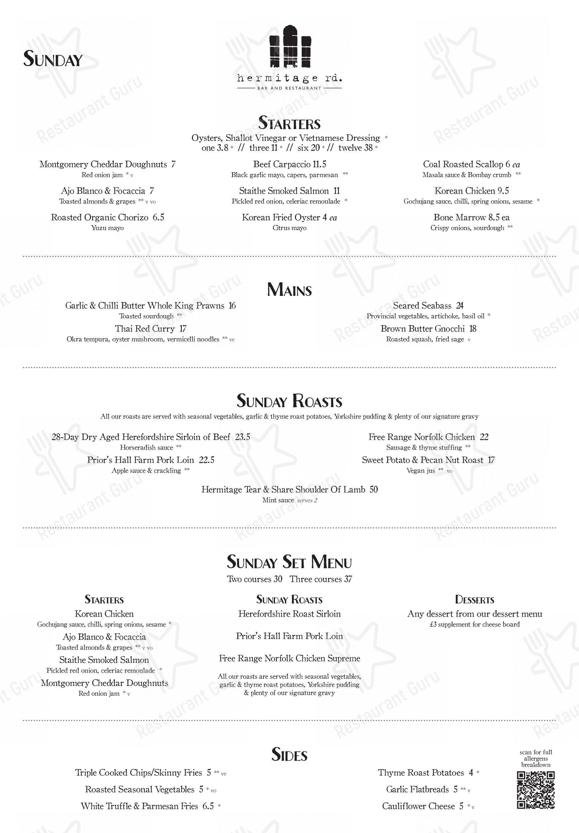 Menu at Hermitage Rd Bar and Restaurant, Hitchin
