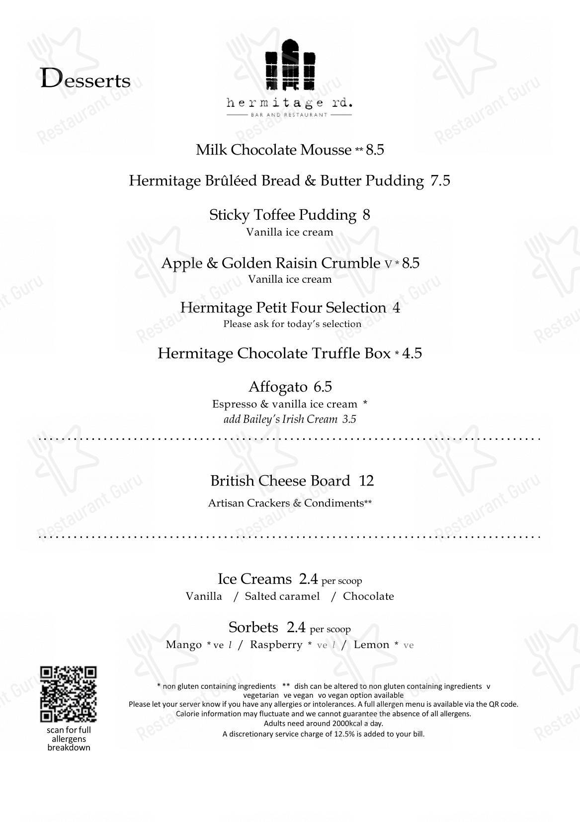 Menu at Hermitage Rd Bar and Restaurant, Hitchin