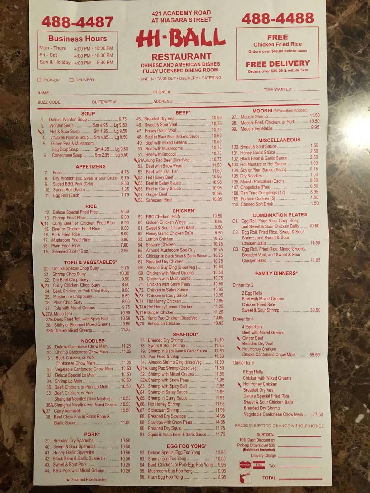 Menu at Hi-Ball Restaurant, Winnipeg