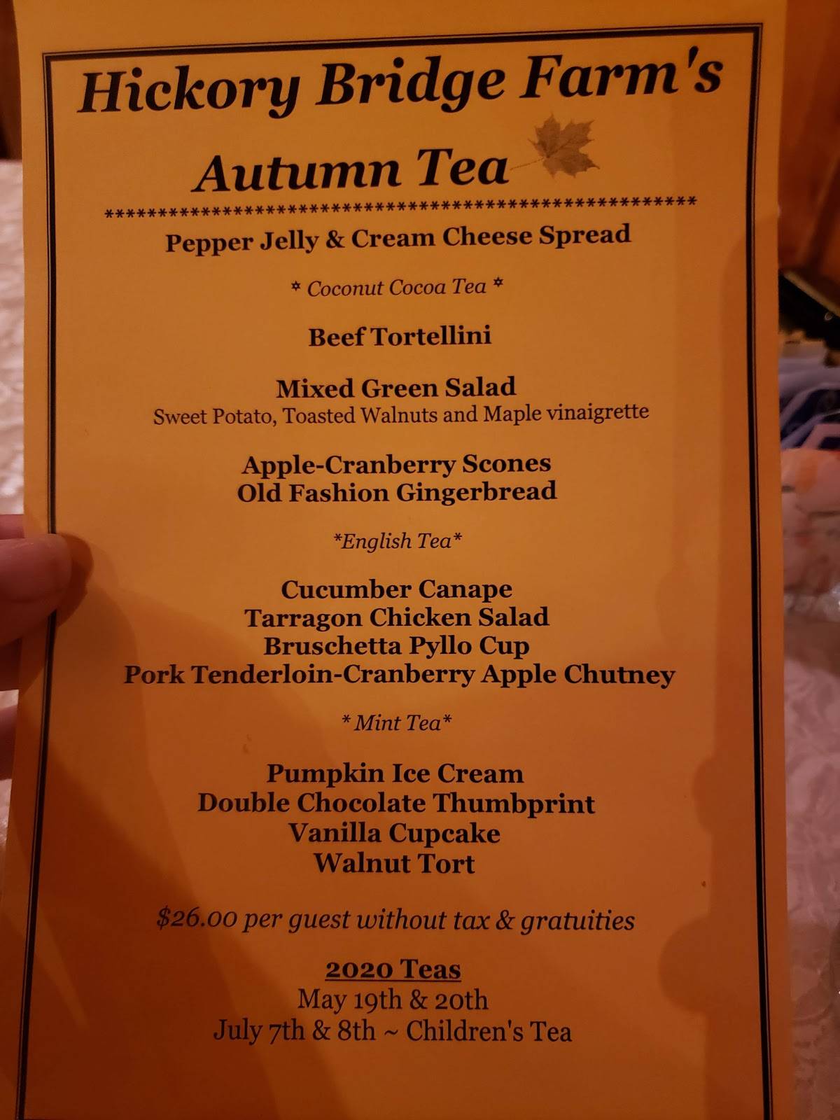 Menu at Hickory Bridge Farm Restaurant ~ Bed & Breakfast, Orrtanna