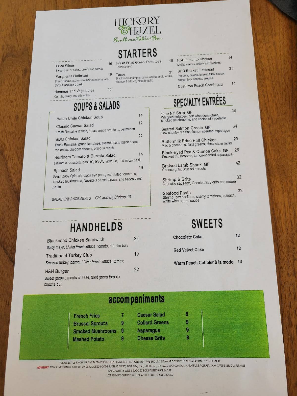 Menu at Hickory and Hazel, Renaissance Hotel pub & bar, Atlanta