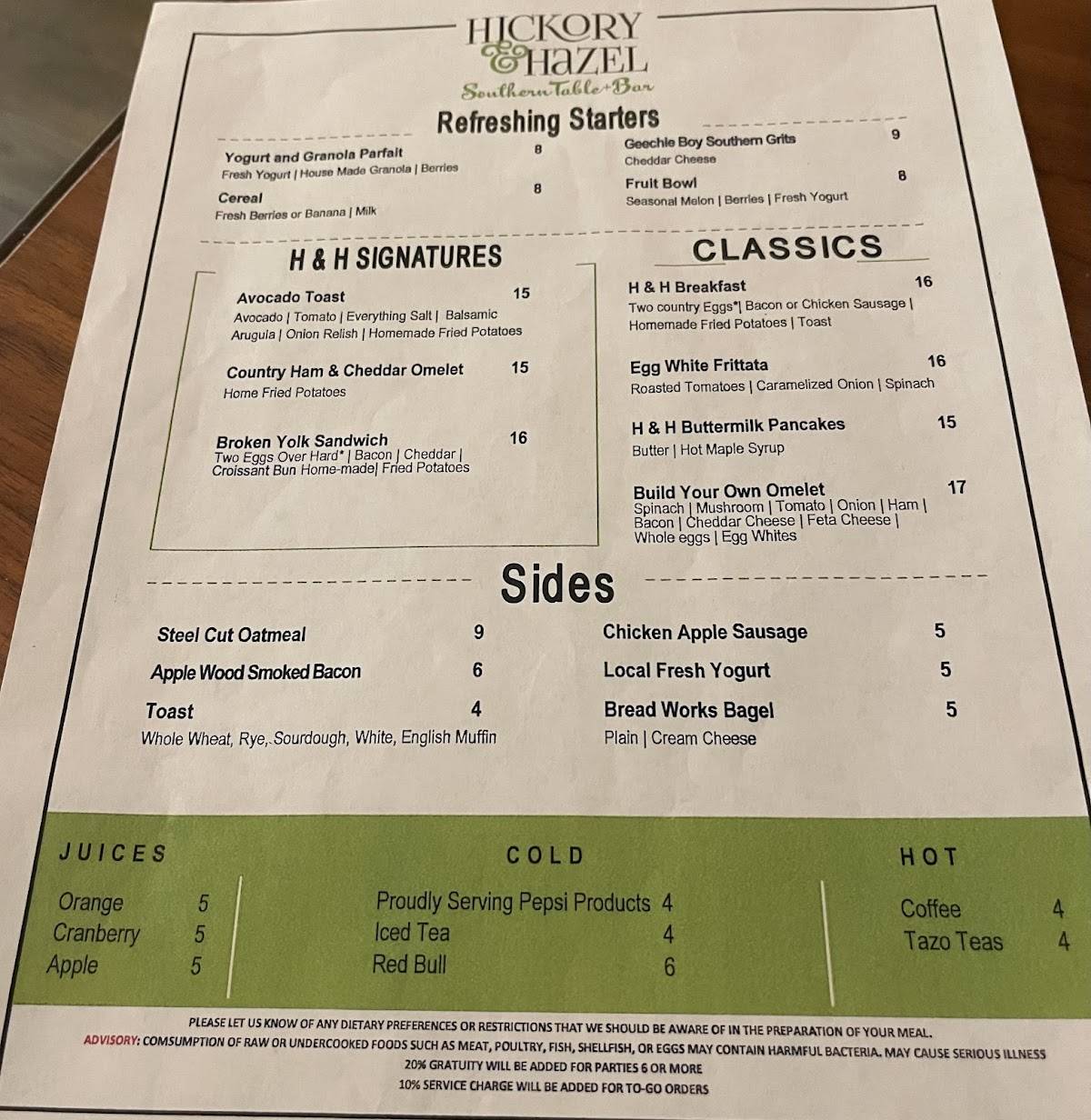 Menu at Hickory and Hazel, Renaissance Hotel pub & bar, Atlanta