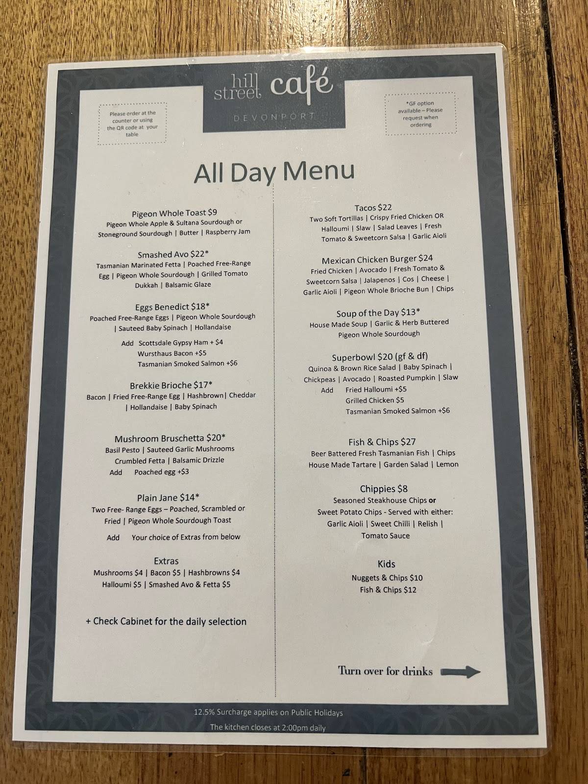 Menu at Hill Street Cafe Devonport, Devonport