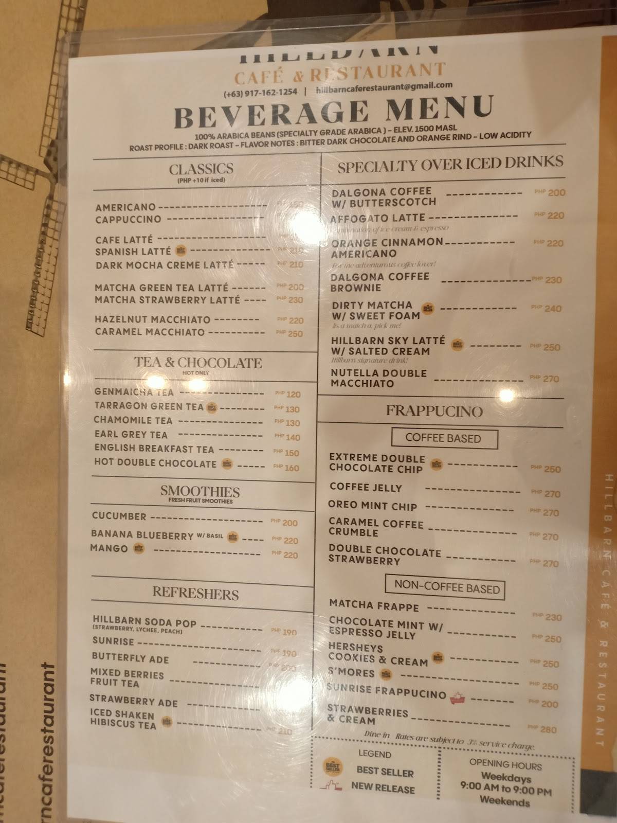 Menu at Hillbarn Cafe & Restaurant, Tagaytay