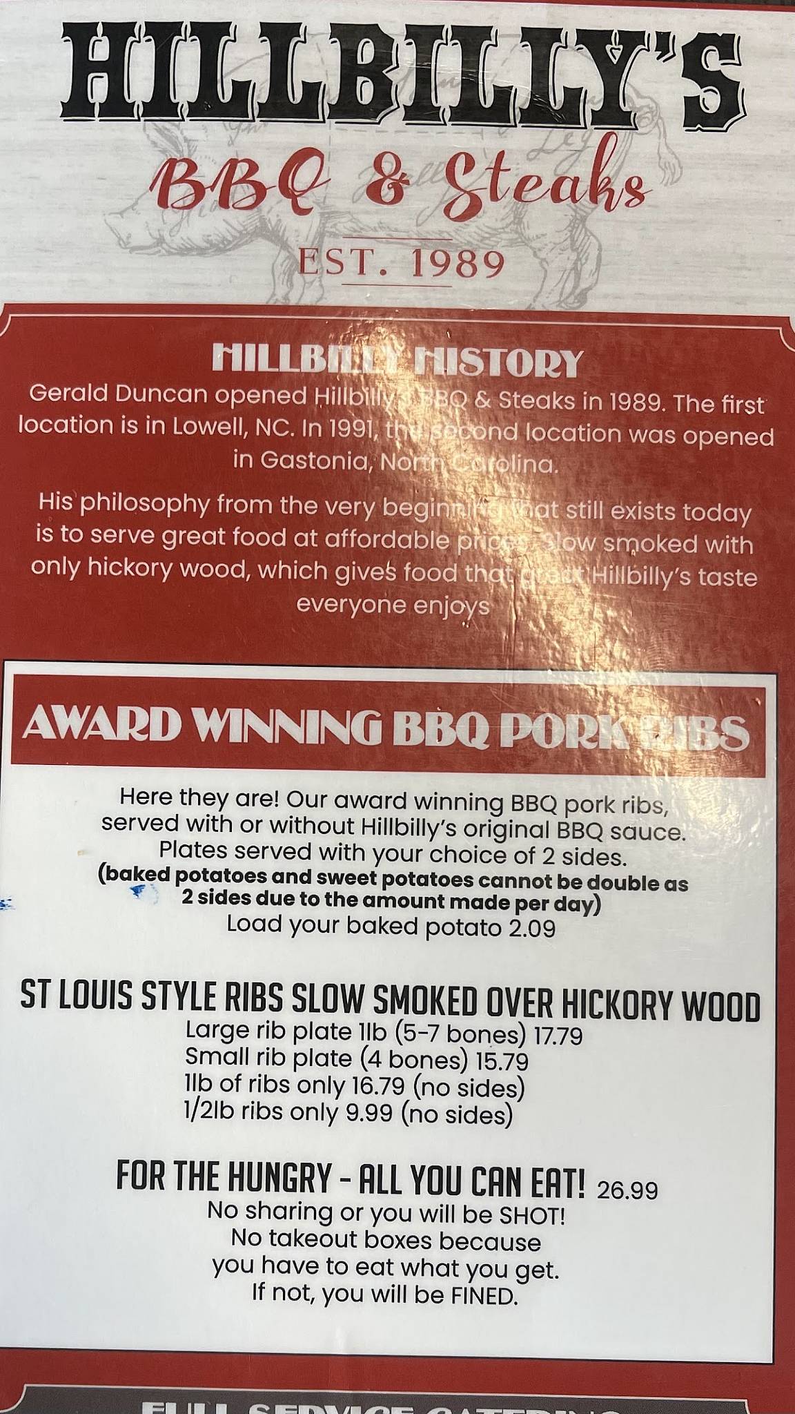 Menu at Hillbilly's Barbeque & Steaks, Lowell, 305 S Main St
