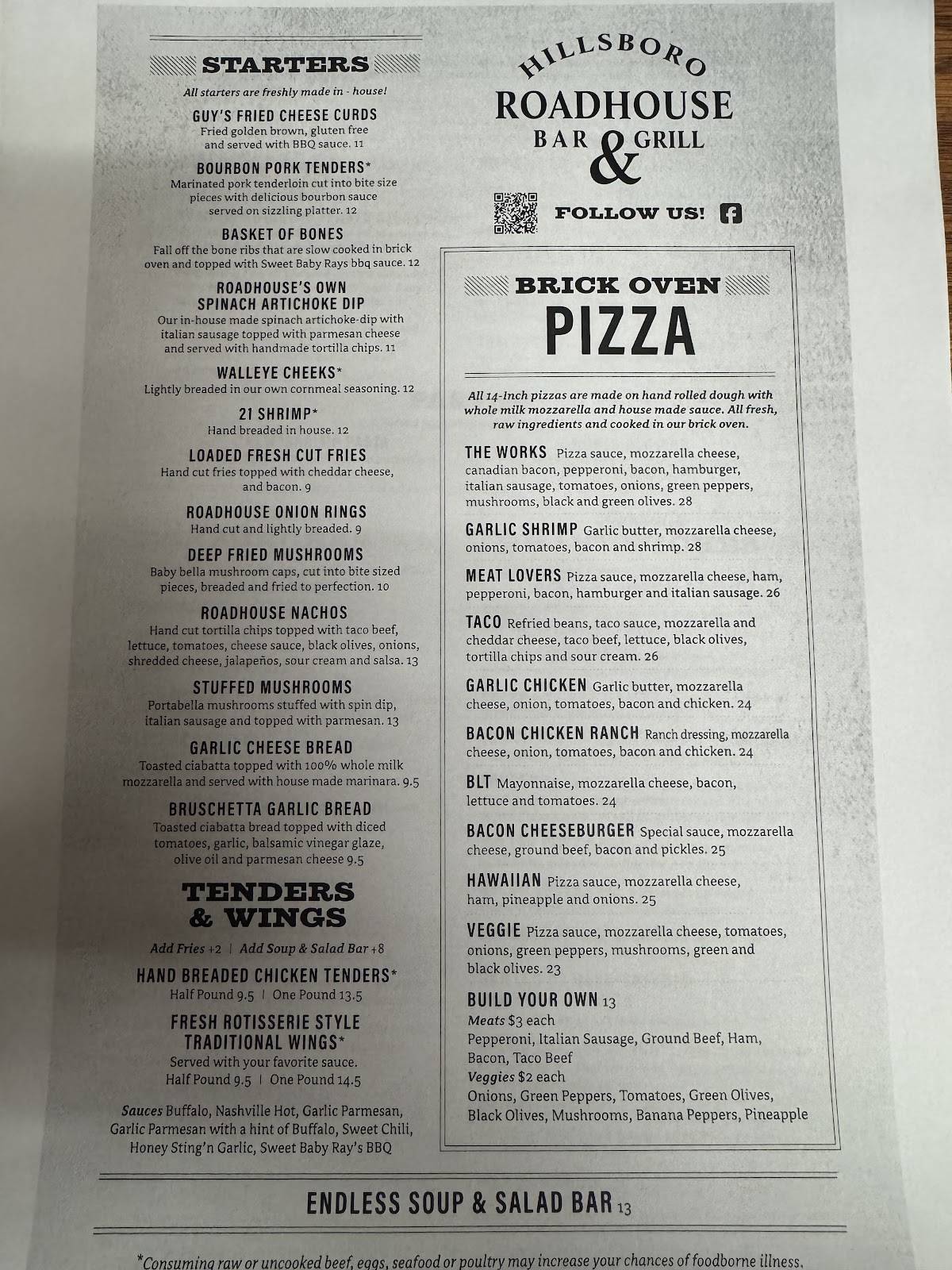 Menu at Hillsboro Roadhouse pub & bar, Hillsboro