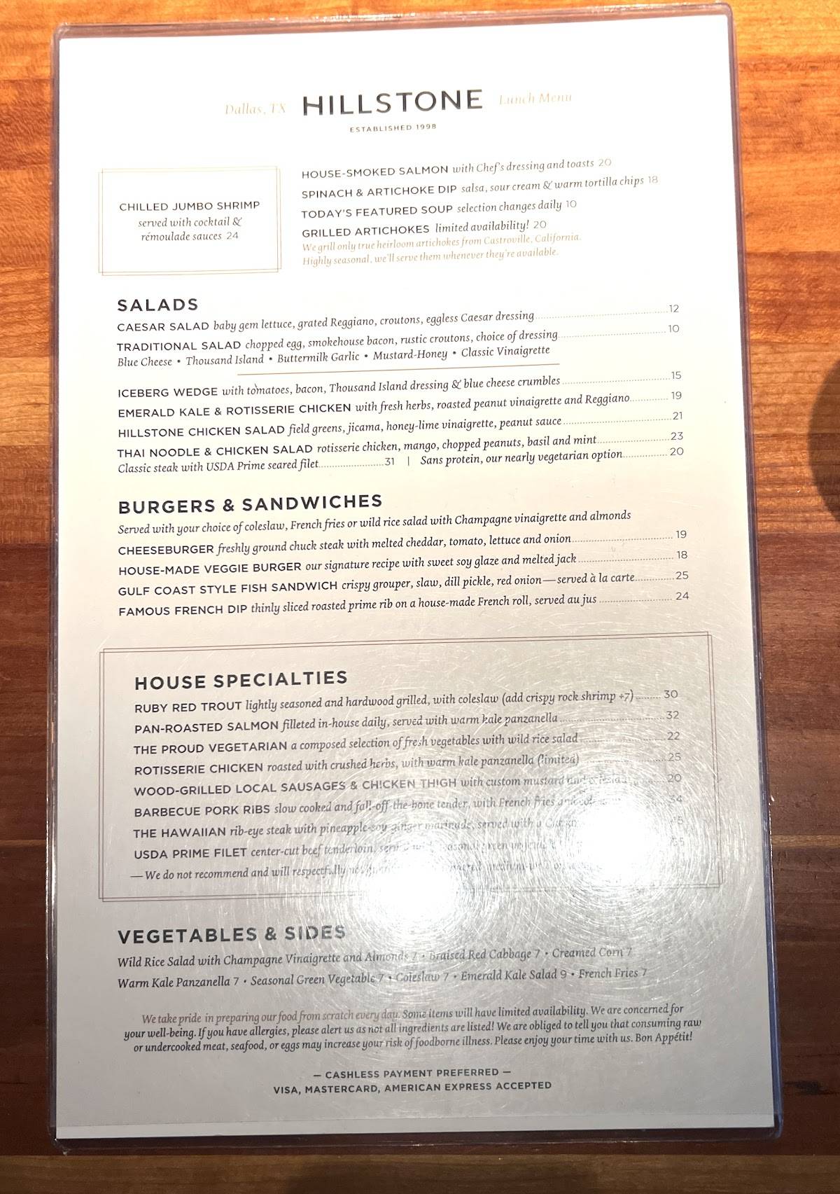 Menu at Hillstone steakhouse, Dallas, Preston Rd