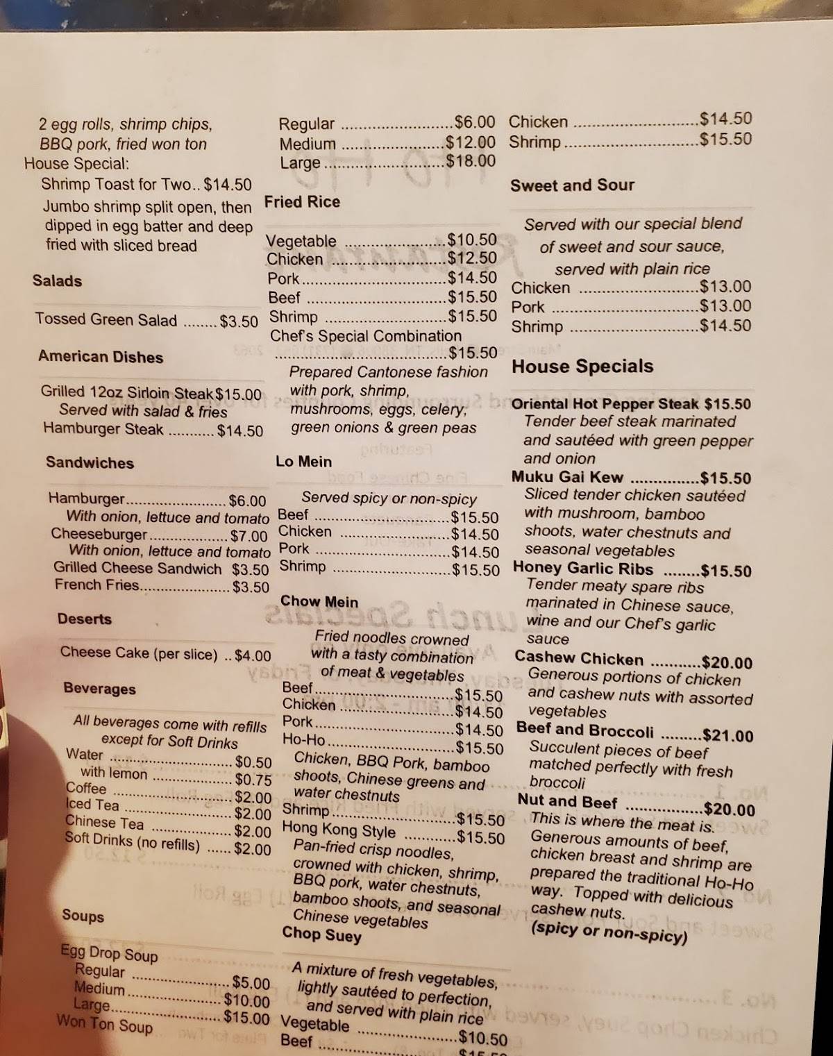 Menu at Ho Ho Restaurant, Bells