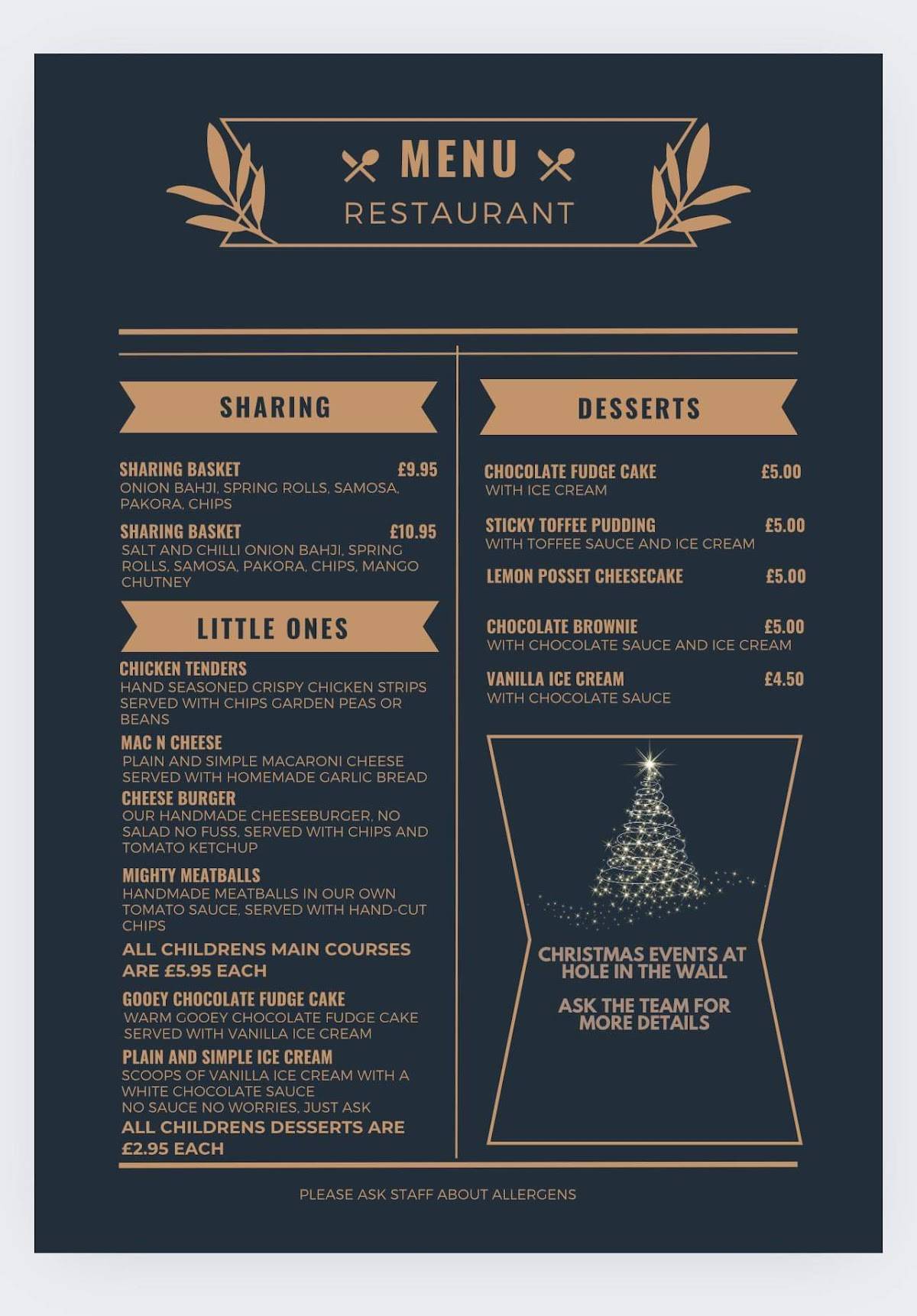 Menu at Hole in the Wall pub & bar, Darlington