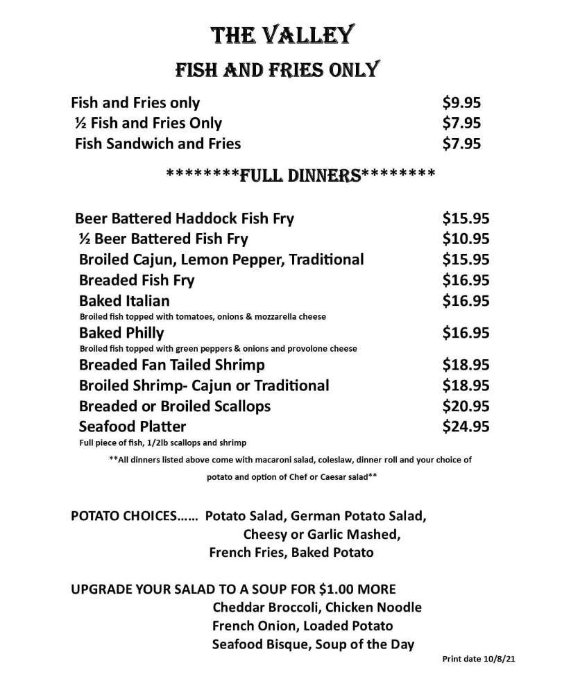 Menu at Valley Inn pub & bar, Holland