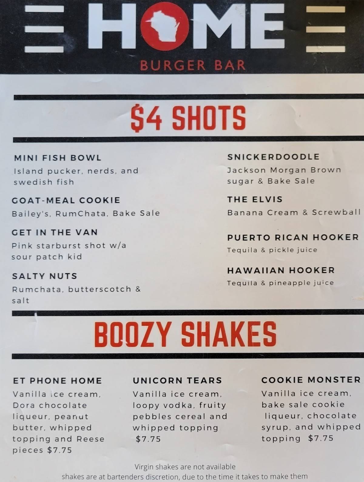 Menu at Home Burger Bar, Appleton