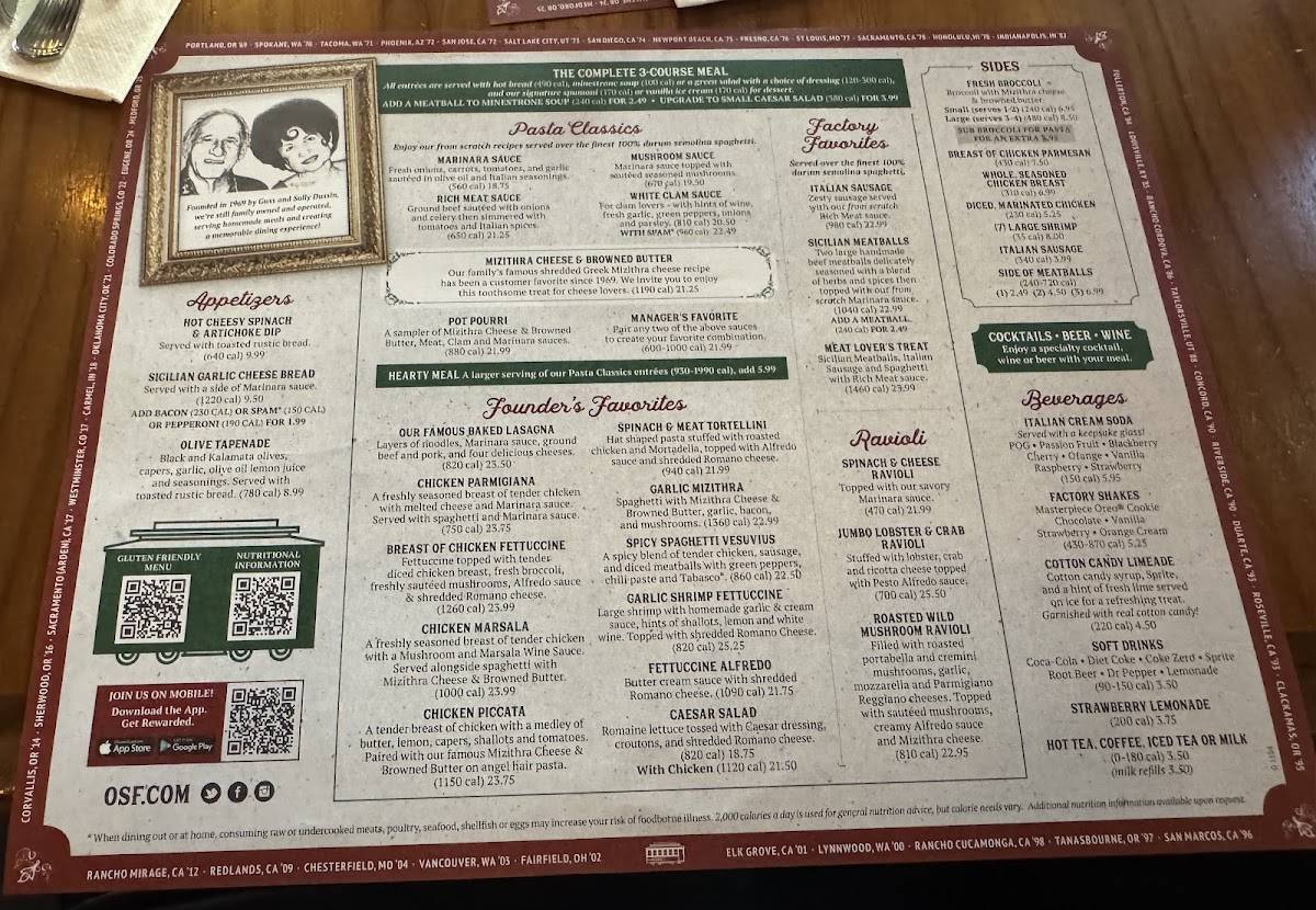 Menu at The Old Spaghetti Factory restaurant, Honolulu