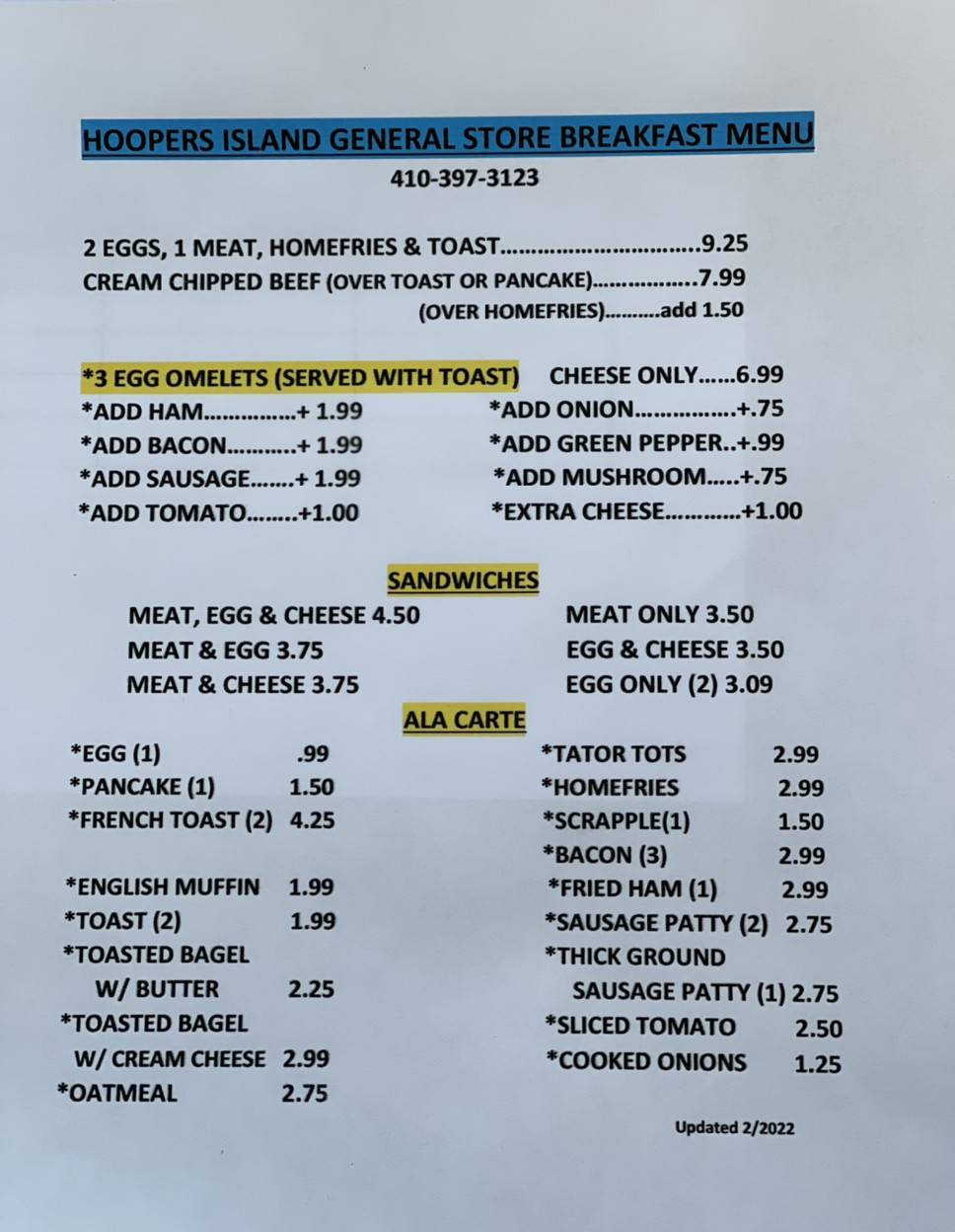 Menu at Hoopers Island General Store restaurant, Fishing Creek