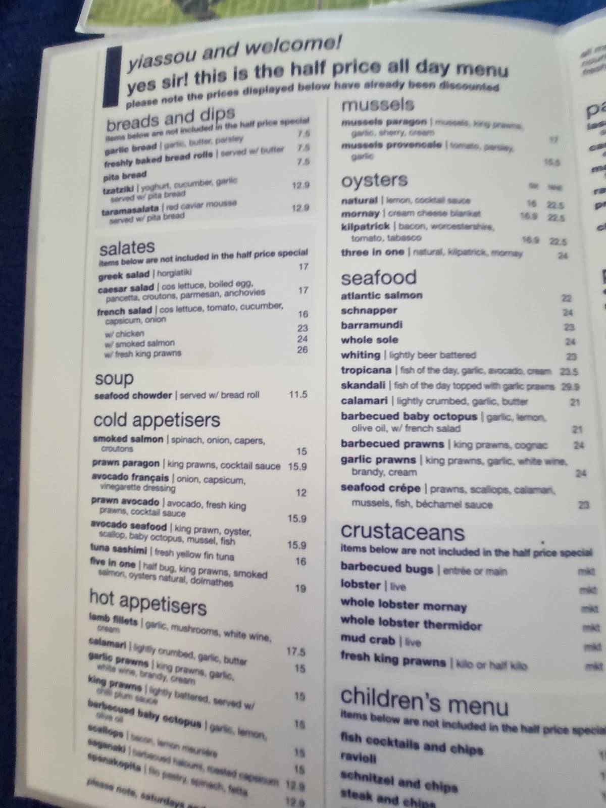 Menu at George's Paragon Seafood Restaurant - Sanctuary Cove, Hope ...