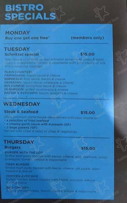 Menu at The Tigers Clubhouse, Hoppers Crossing