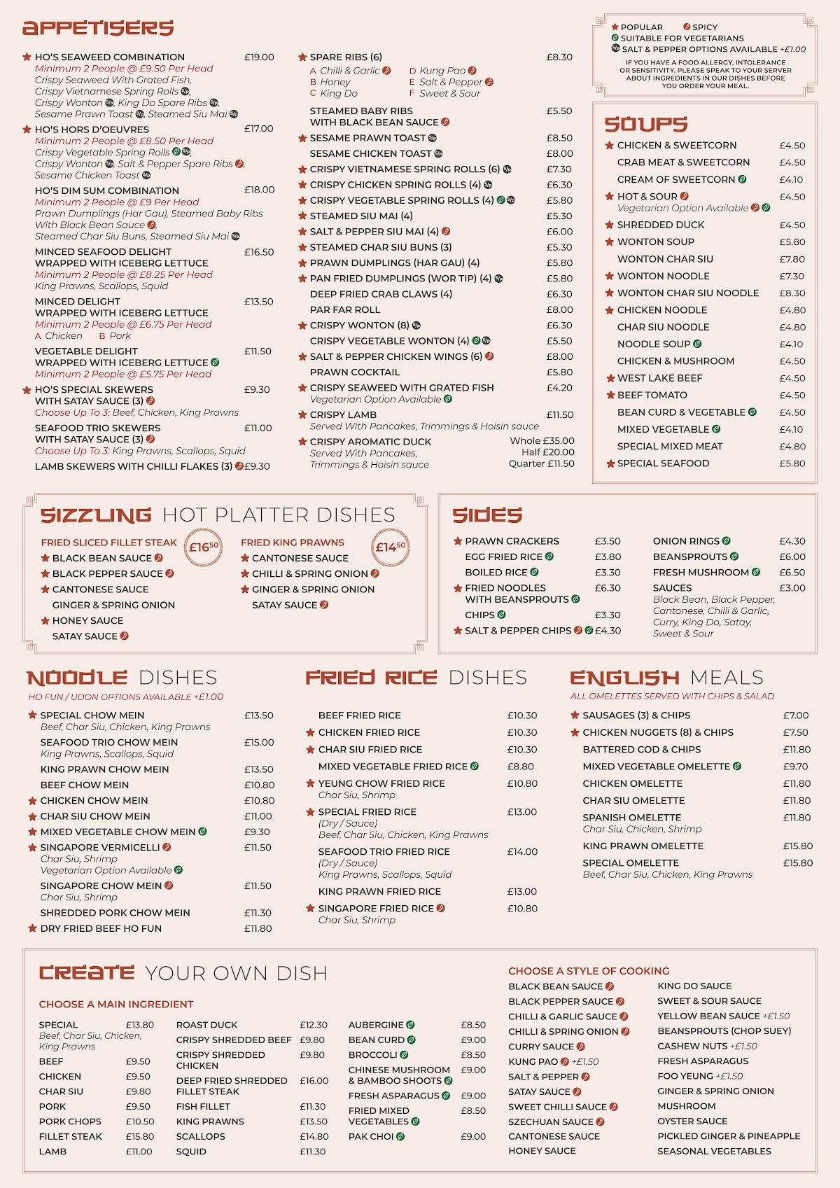 Menu at Ho's Restaurant, Prescot