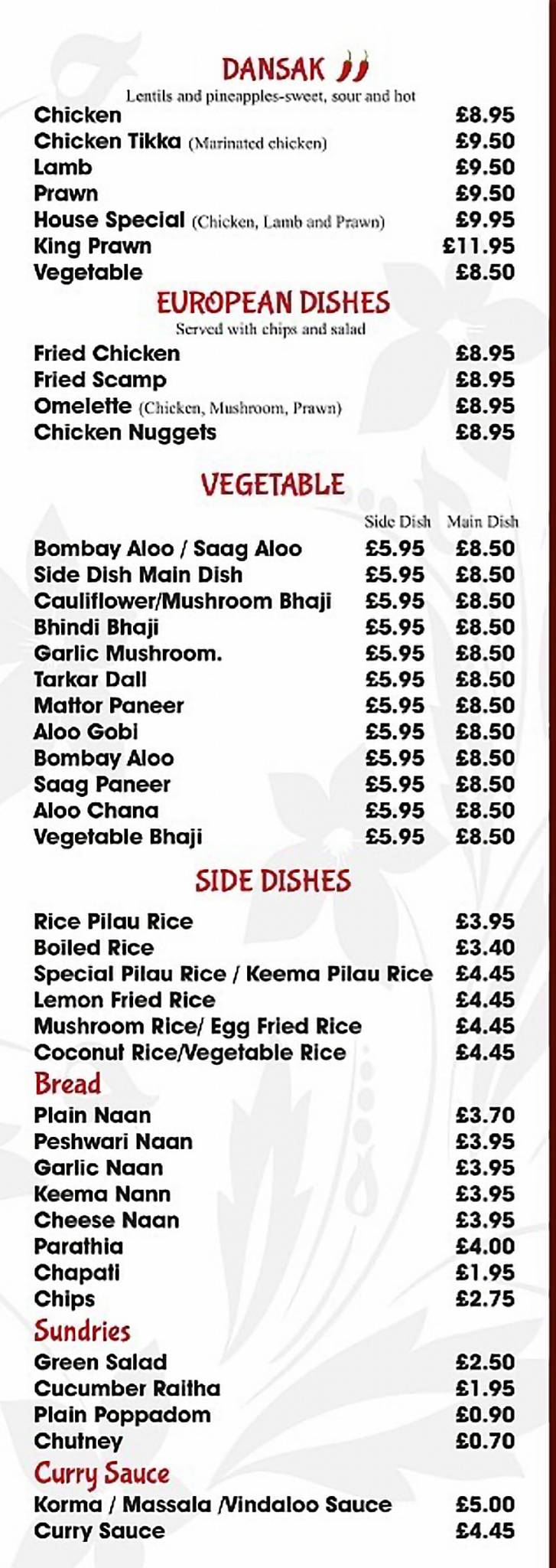 Menu at Hot Chilli Indian Restaurant, Fishguard