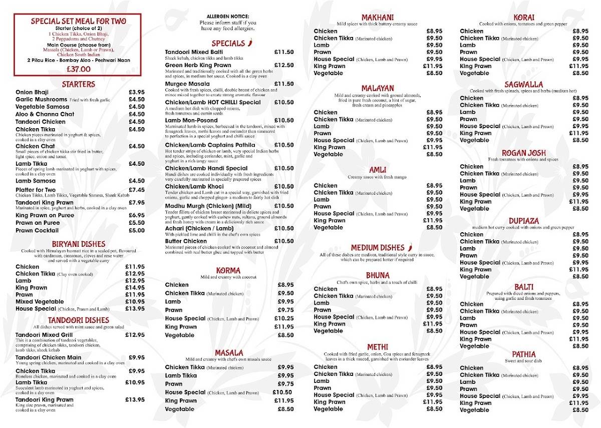 Menu at Hot Chilli Indian Restaurant, Fishguard
